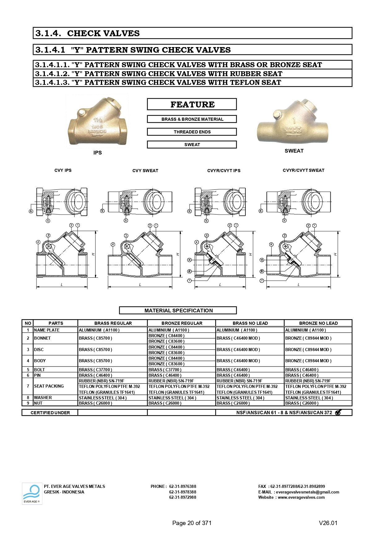 Y PATTERN SWING CHECK VALVES - CVY 1-20, CVYR,CVYT 1-7, 12-17